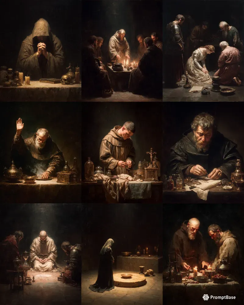 Medieval Sacred Ritual Oil Paintings Midjourney Prompt | PromptBase