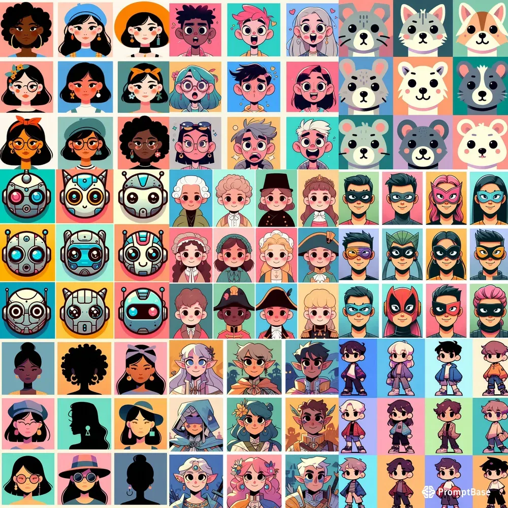 Stylized Character Grid Art DALL·E Prompt | PromptBase
