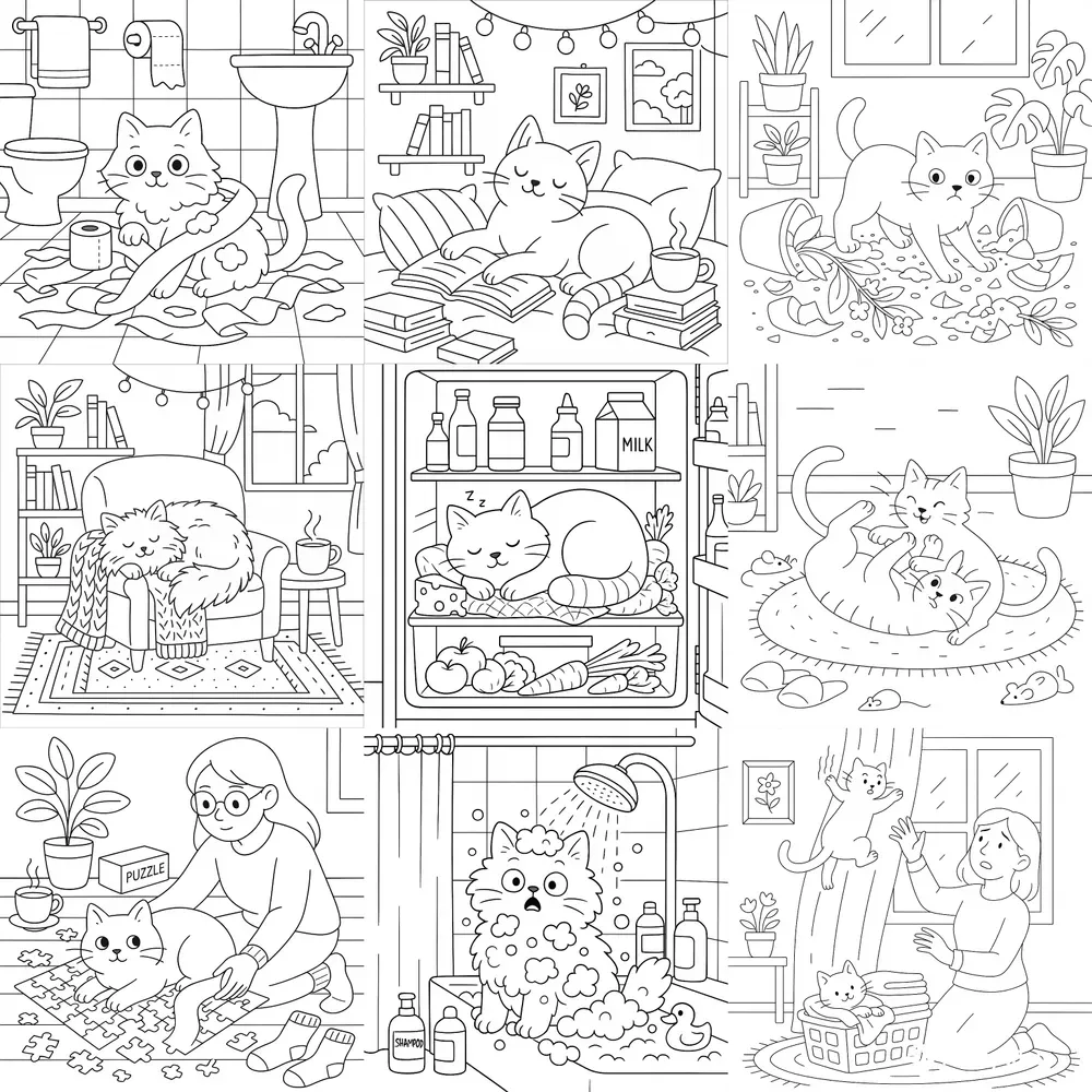 Cats Cozy Moments Coloring Book Pages ChatGPT Image Prompt | PromptBase