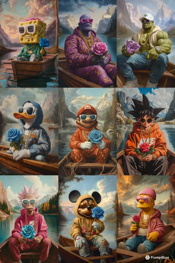 Iconic Characters On Boats Midjourney Prompt | PromptBase