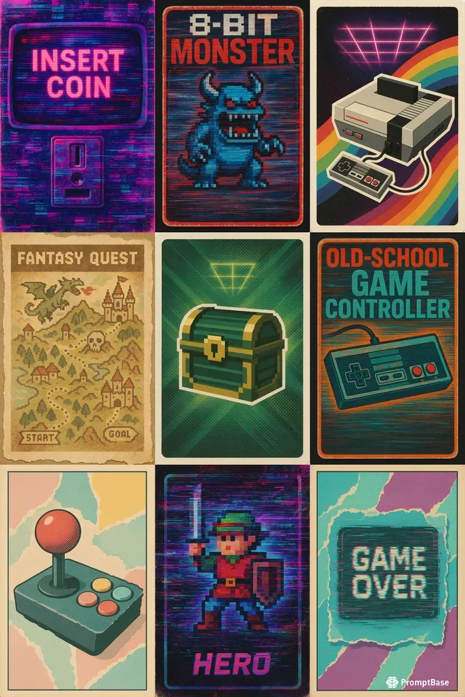 Retro Game Collage Cards ChatGPT Image Prompt | PromptBase