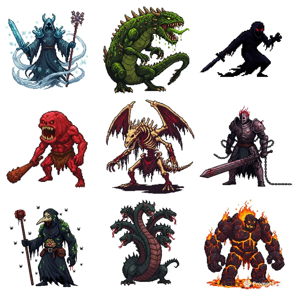 Pixel Art End Level Game Bosses Imagen Prompt | PromptBase