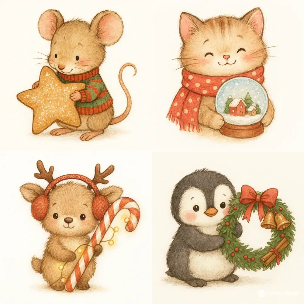 Cozy Christmas Critters Clipart ChatGPT Image Prompt | PromptBase