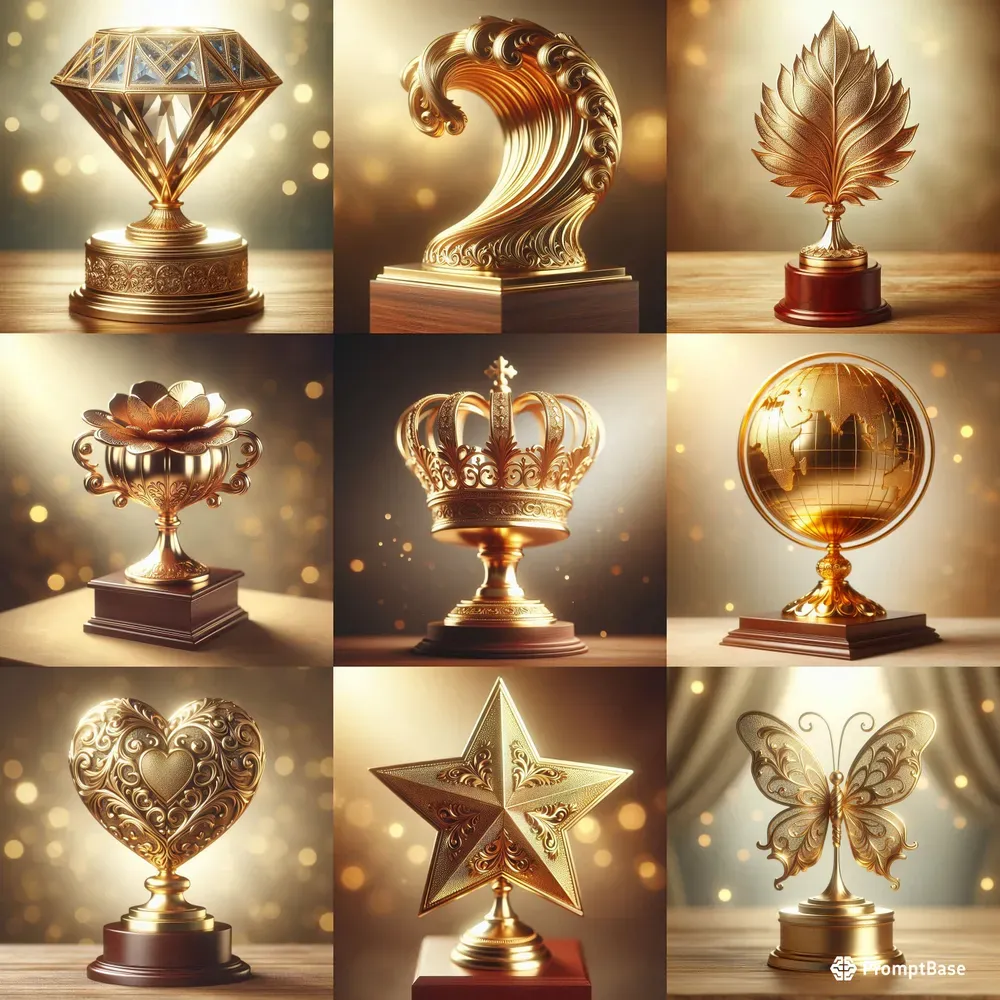 Golden Trophies In Shapes DALL·E Prompt | PromptBase