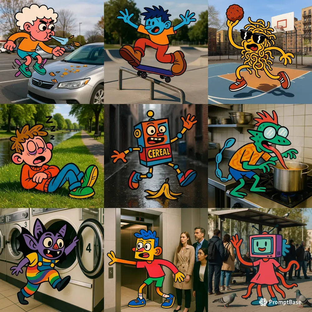 Funky Cartoons In Real Photos ChatGPT Image Prompt | PromptBase