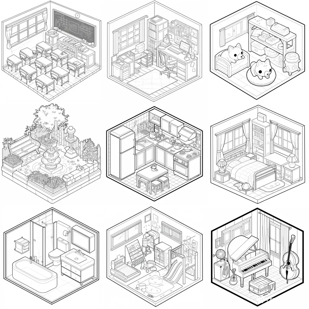 Isometric Coloring Book Pages Midjourney Prompt | PromptBase