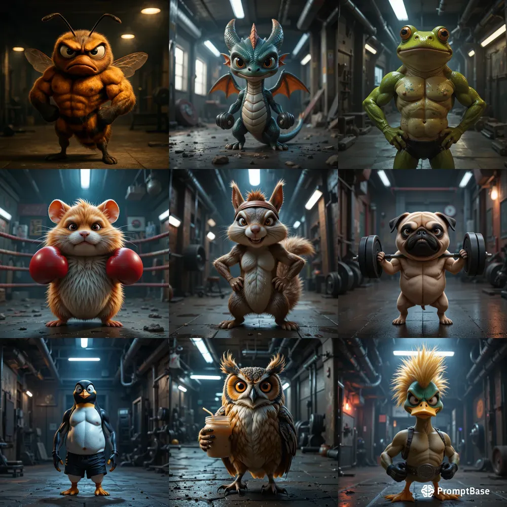 Tough 3D Cartoon Animals In Gym ChatGPT Image Prompt | PromptBase