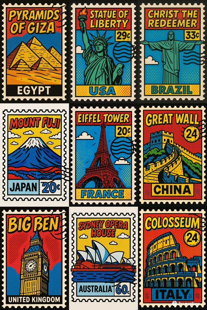 Fun Pop Art Postage Stamps ChatGPT Image Prompt | PromptBase