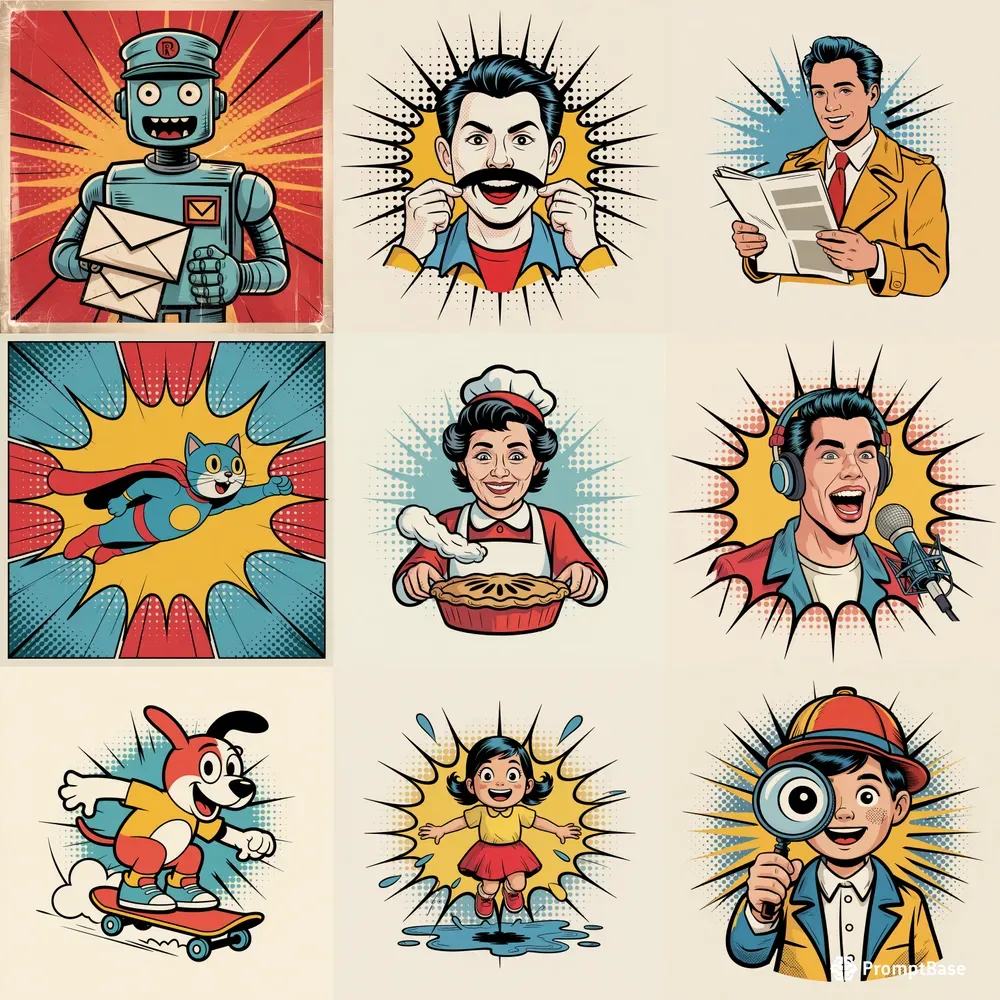 Retro Comic Strip Character Packs Ideogram Prompt | PromptBase