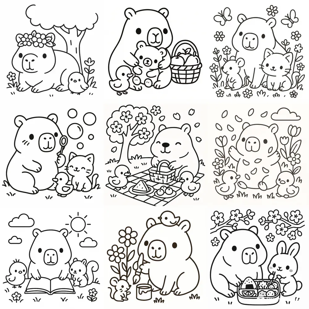 Capybara Adventures Spring Coloring Pages ChatGPT Image Prompt | PromptBase