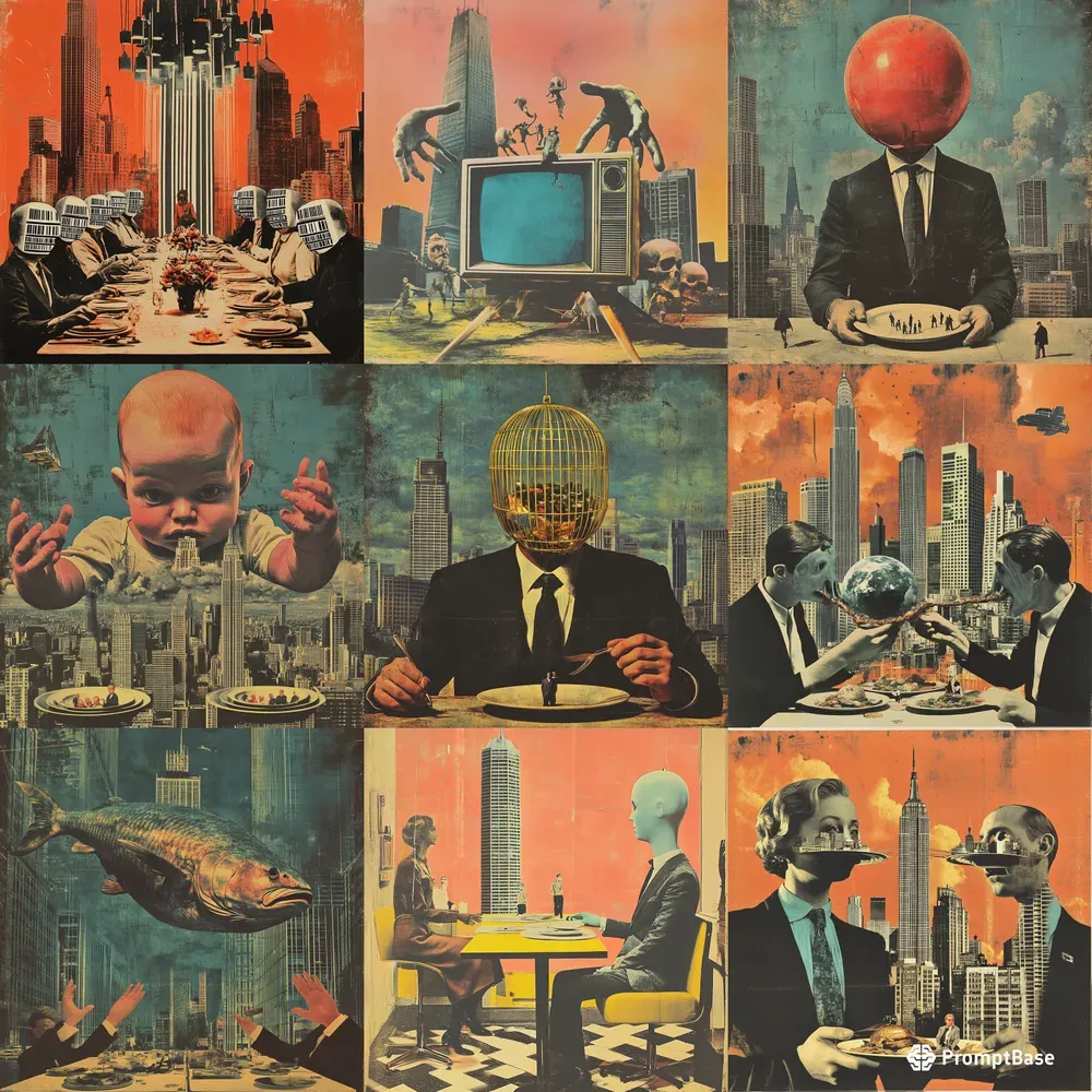 Corporate Absurdity Surreal Dark Collages Midjourney Prompt | PromptBase