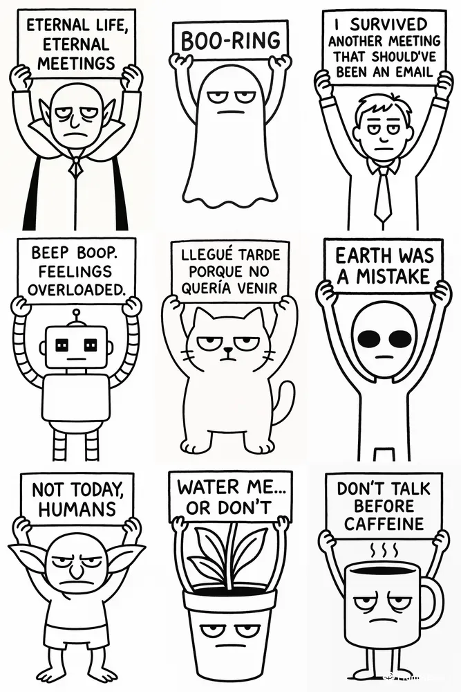 Sarcastic Sign Characters Fun Line Art ChatGPT Image Prompt | PromptBase