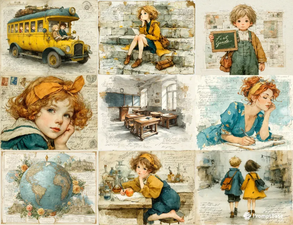 Vintage Back To School Junk Journal Pages Midjourney Prompt | PromptBase