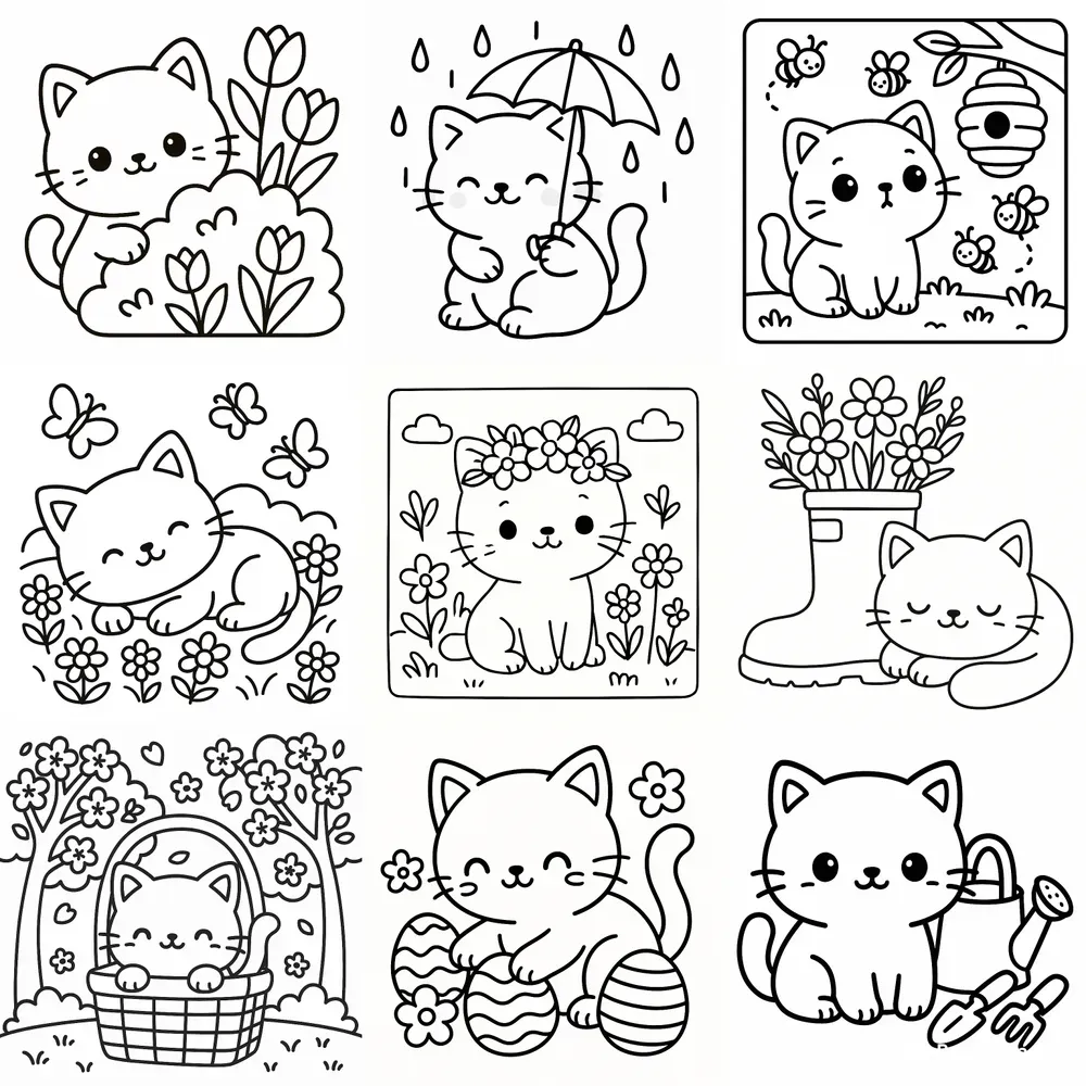 Kawaii Spring Cozy Kittens Coloring Pages ChatGPT Image Prompt | PromptBase