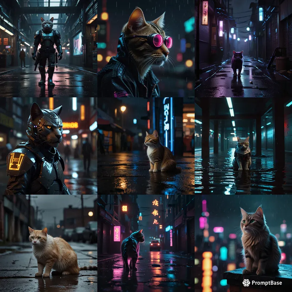 Cyberpunk Rain Cats Neon Night Series Leonardo Ai Prompt | PromptBase