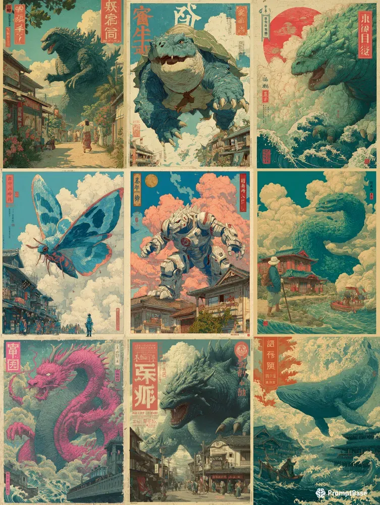 Ukiyoe Kaiju Invasion Parodies Midjourney Prompt | PromptBase