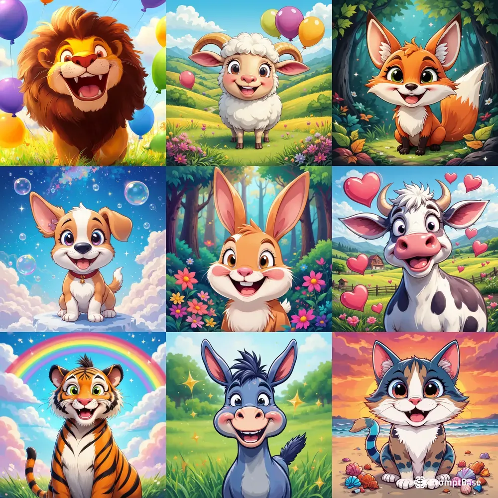 Whimsical Cartoon Animals In Vibrant Colors Midjourney Prompt | PromptBase