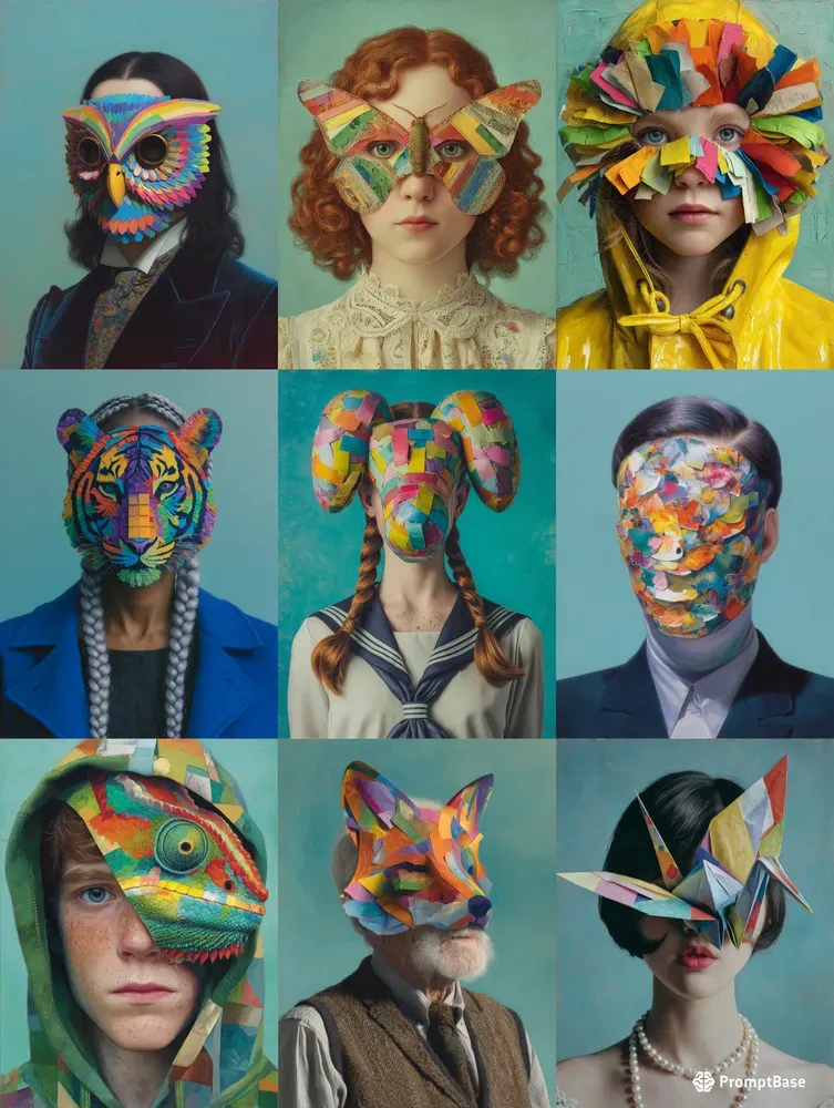 Surreal Portrait Photos With Painted Masks Midjourney Prompt | PromptBase