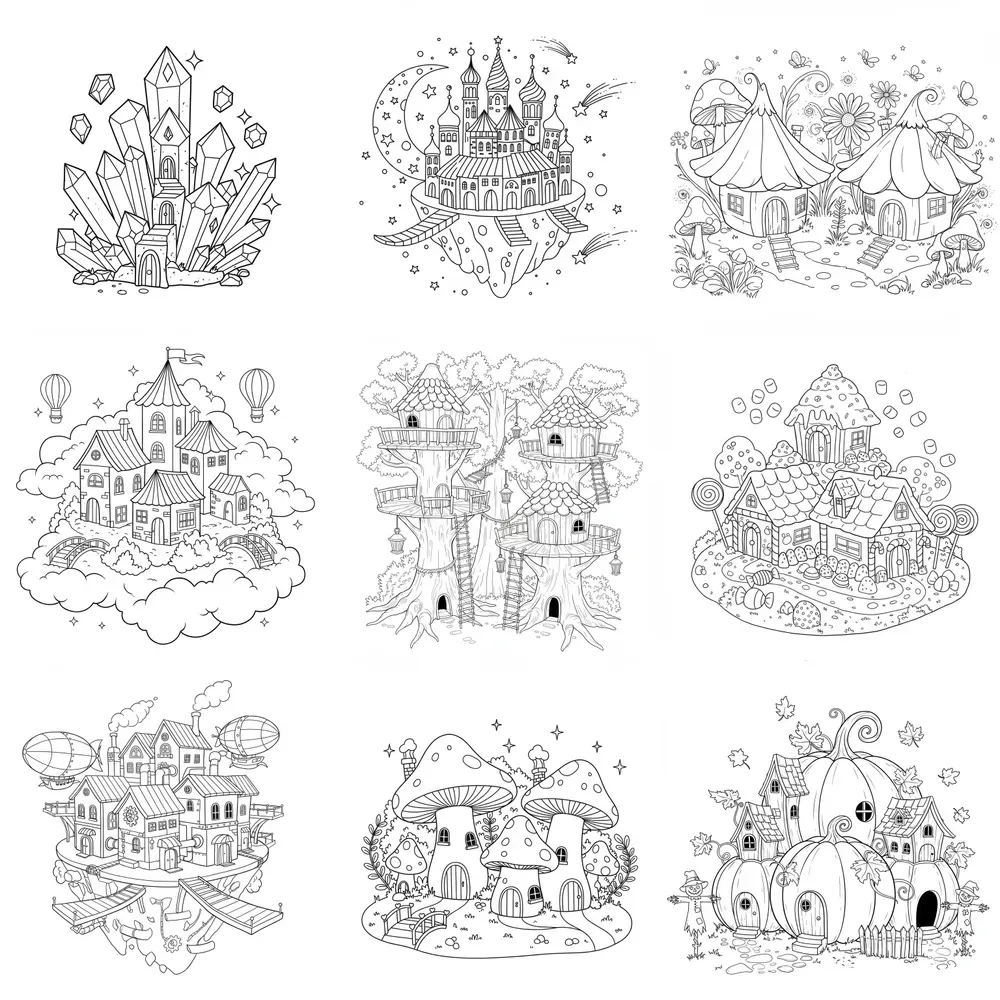Whimsical Fantasy Towns Coloring Pages Imagen Prompt | PromptBase