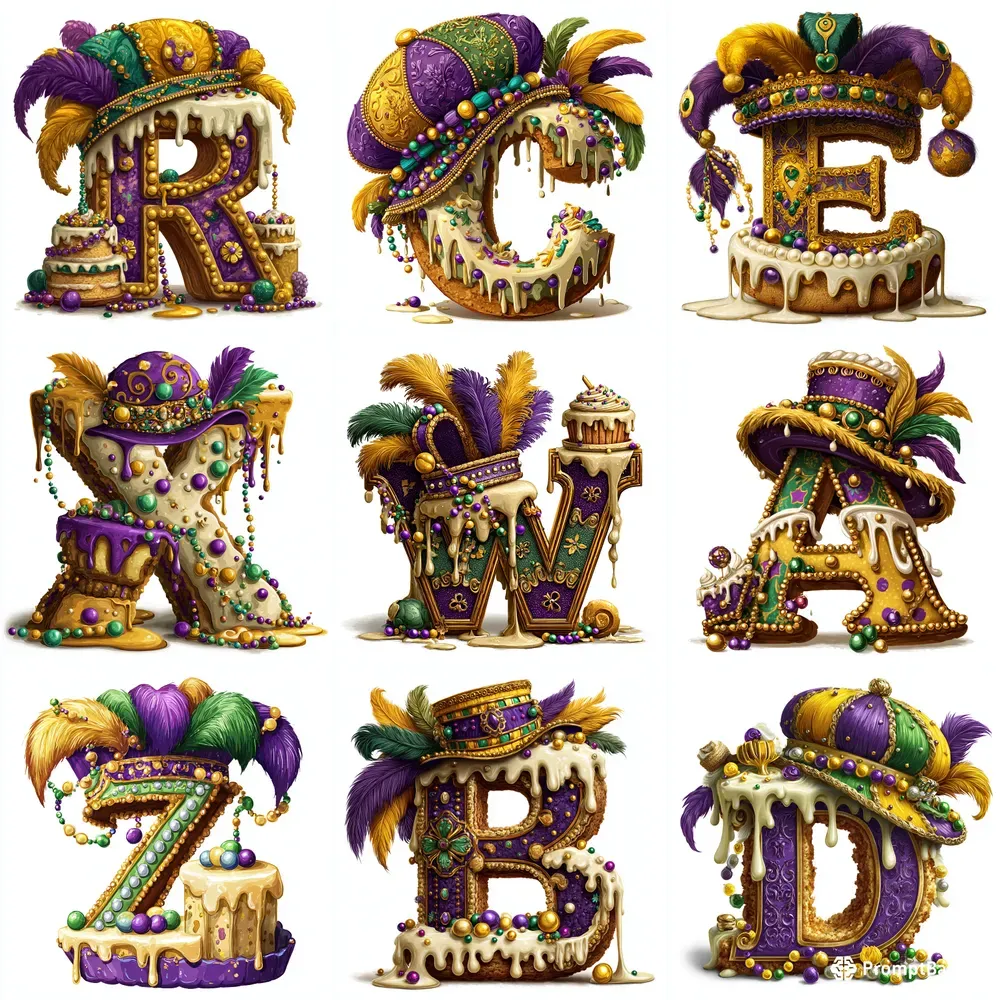 Mardi Gras Alphabet Cute Letters Midjourney Prompt | PromptBase