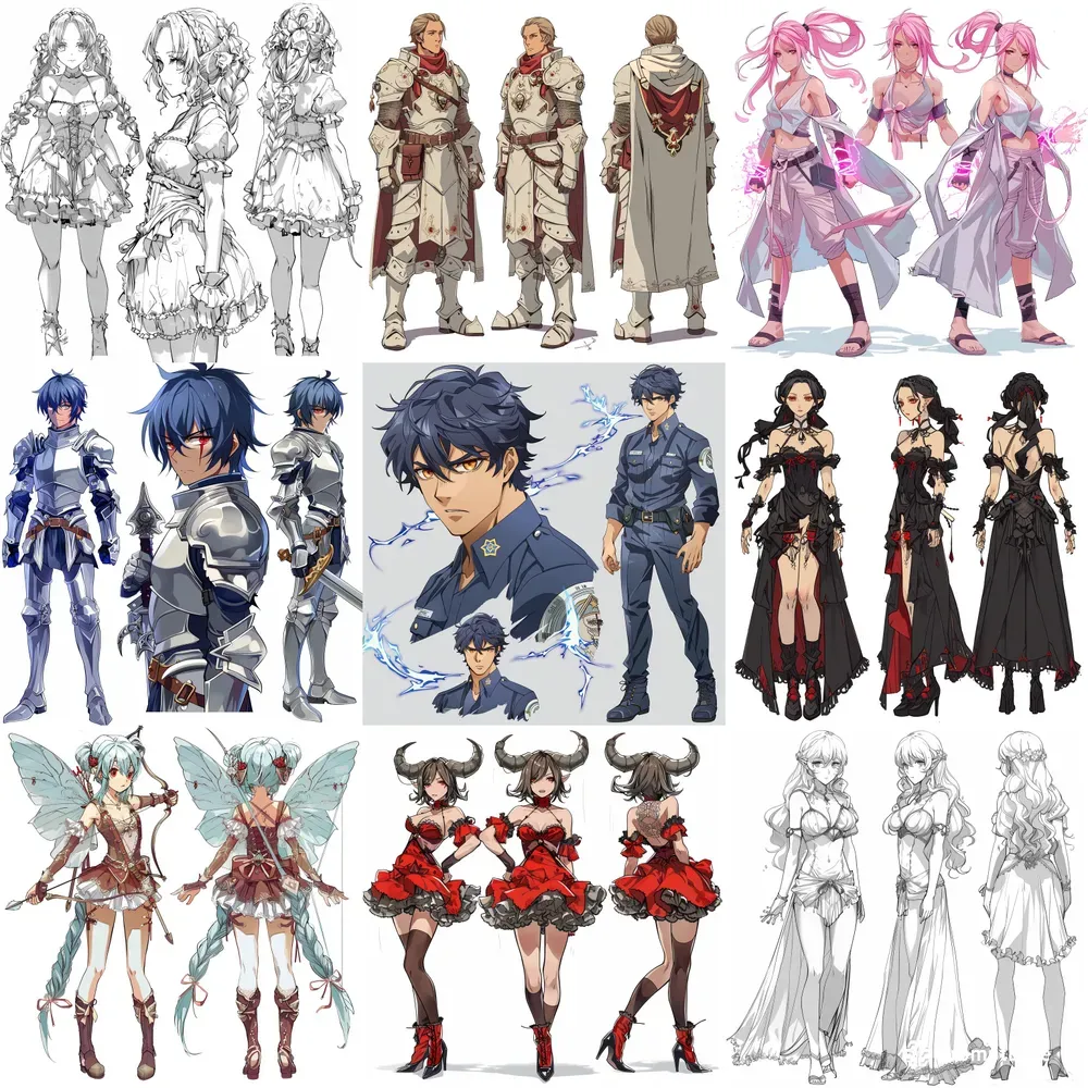 Helper Manga Character Trio Poses Midjourney Prompt | PromptBase