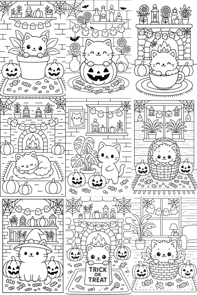 Cozy Spooky Cats Halloween Coloring Pages ChatGPT Image Prompt | PromptBase