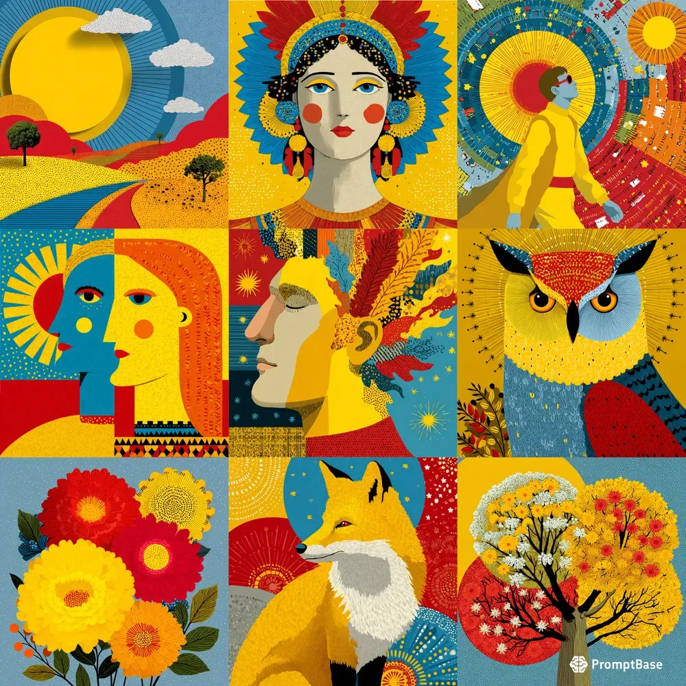 Bold Folk Pop Sunburst Style Midjourney Prompt | PromptBase