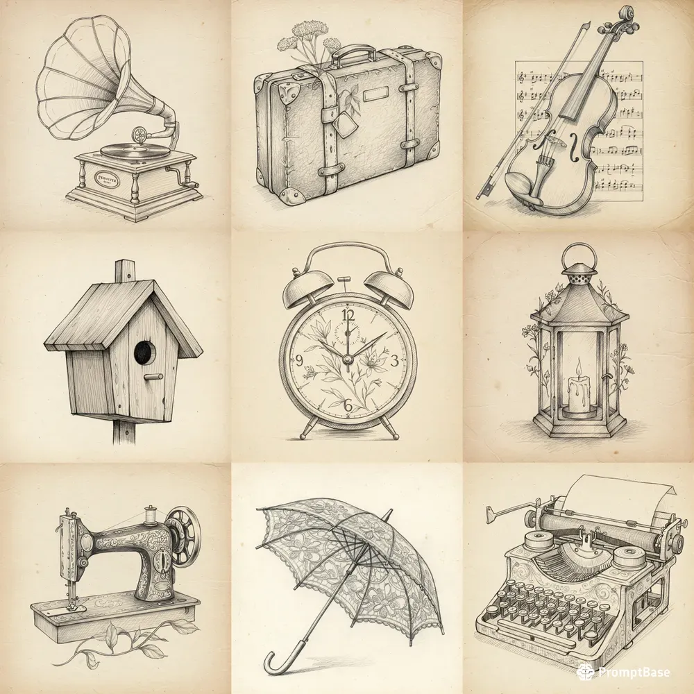 Vintage Pencil Sketch Ephemera Packs Imagen Prompt | PromptBase