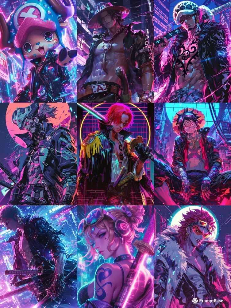 Retro Cyberpunk One Piece Characters Midjourney Prompt | PromptBase