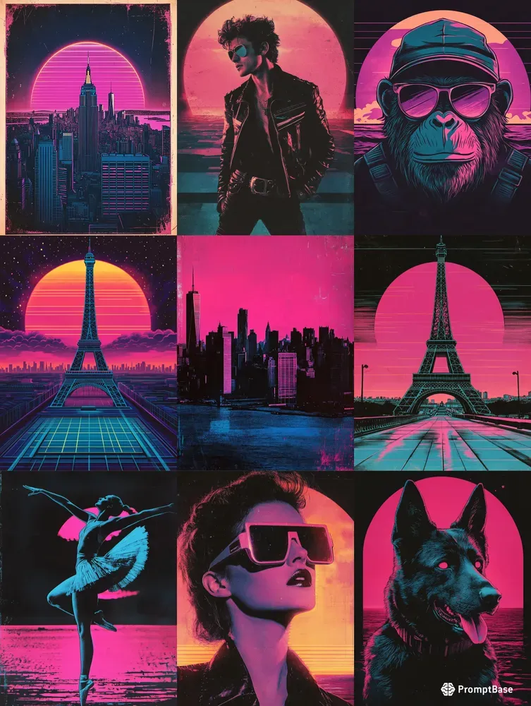 80s Retro Neon Posters Tshirt Designs Midjourney Prompt | PromptBase