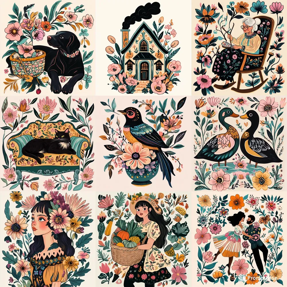 Daily Life Folk Art Illustrations Midjourney Prompt | PromptBase