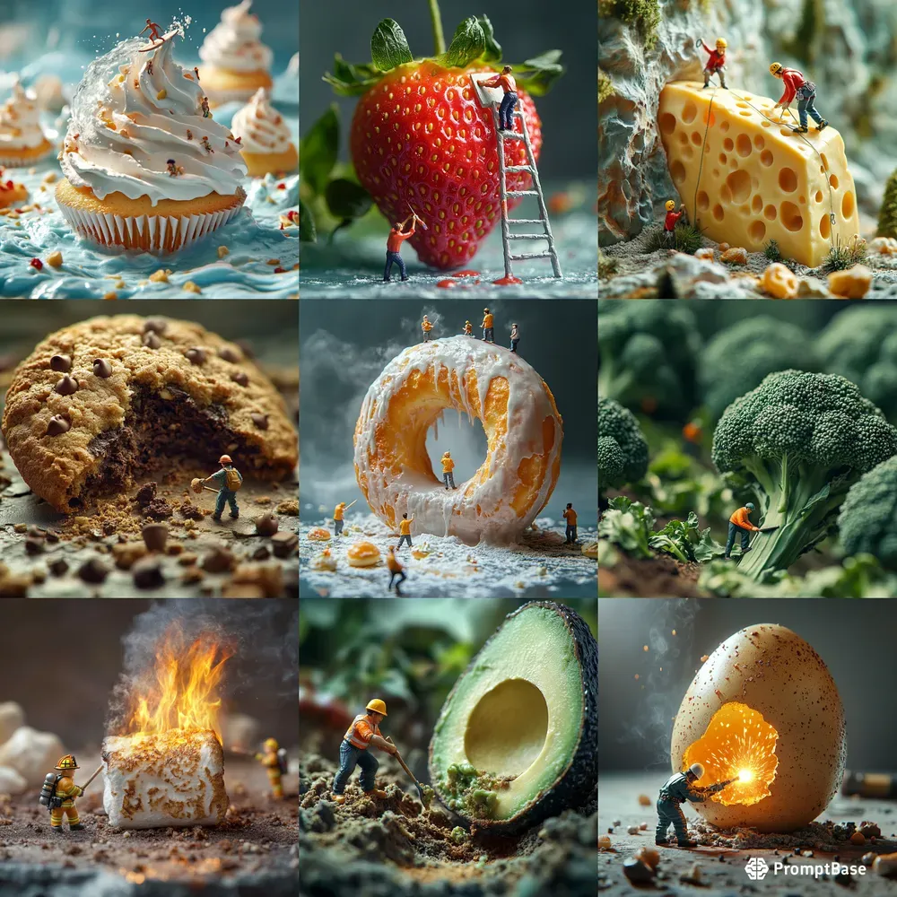 Miniature Surrealism Food Adventures Midjourney Prompt | PromptBase