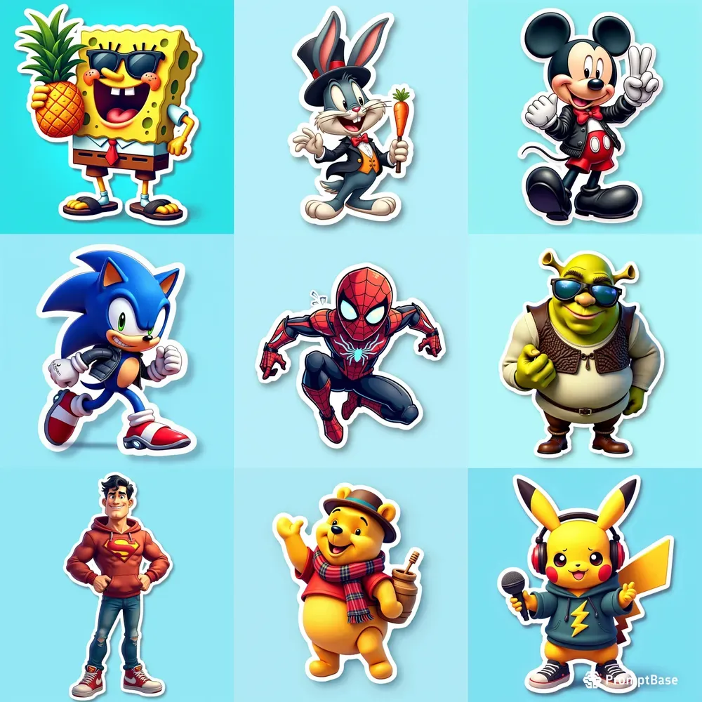 3D Famous Cartoon Character Stickers FLUX Prompt | PromptBase