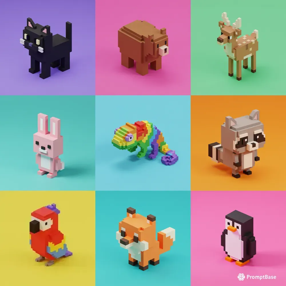 Cute And Colorful 3D Pets Pixel Art Imagen Prompt | PromptBase