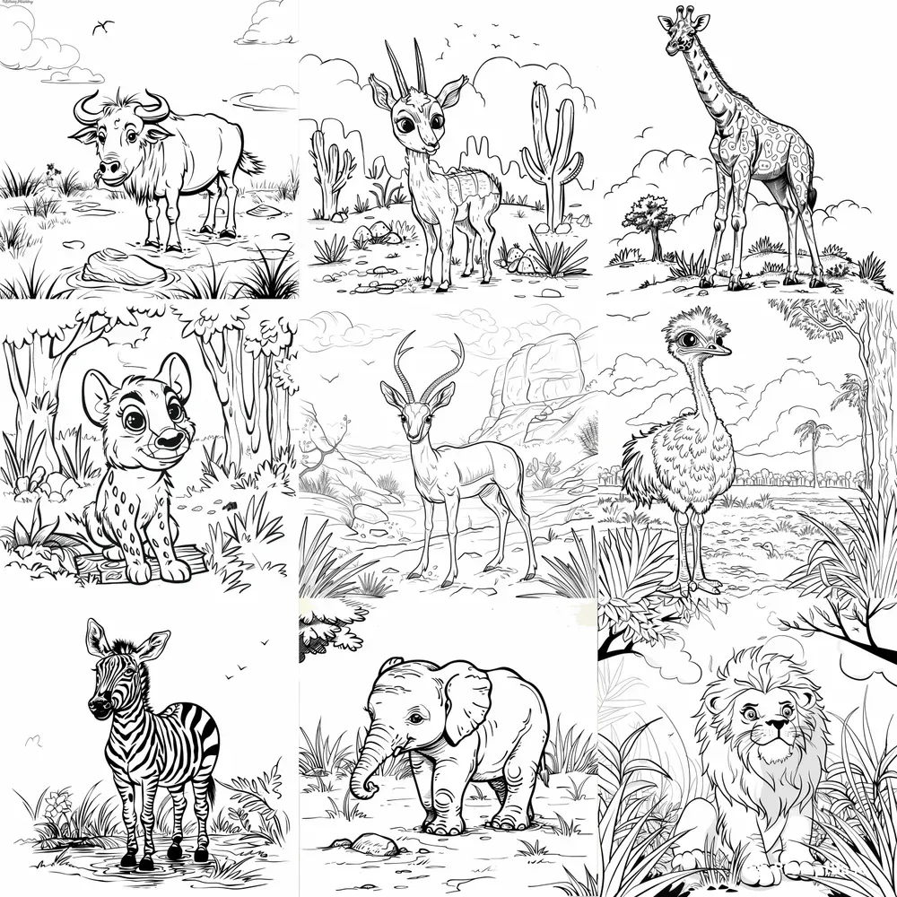 Savannah Animals Coloring Book Pages Midjourney Prompt | PromptBase