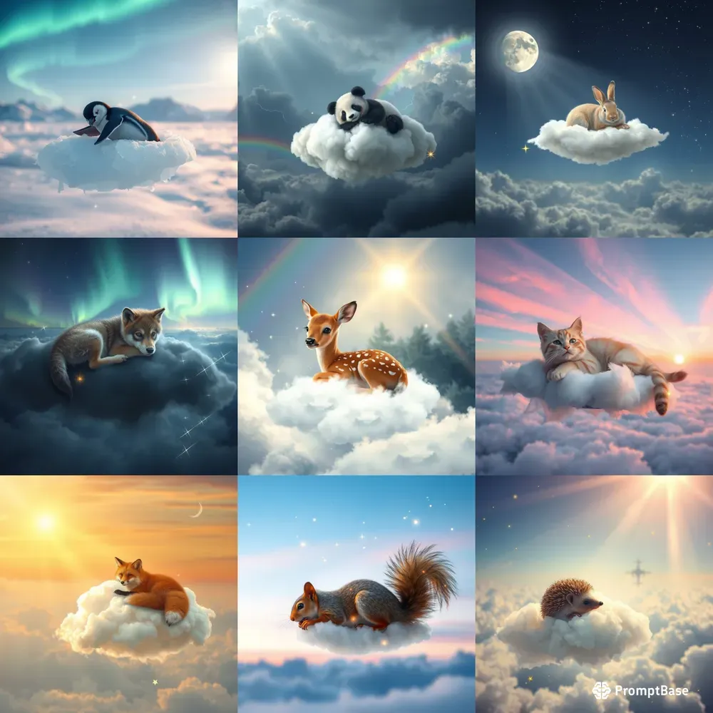 Cute Animals On Magic Clouds FLUX Prompt | PromptBase