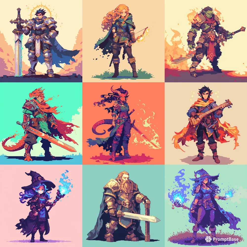 Retro DnD Characters Pixel Art Style Midjourney Prompt | PromptBase