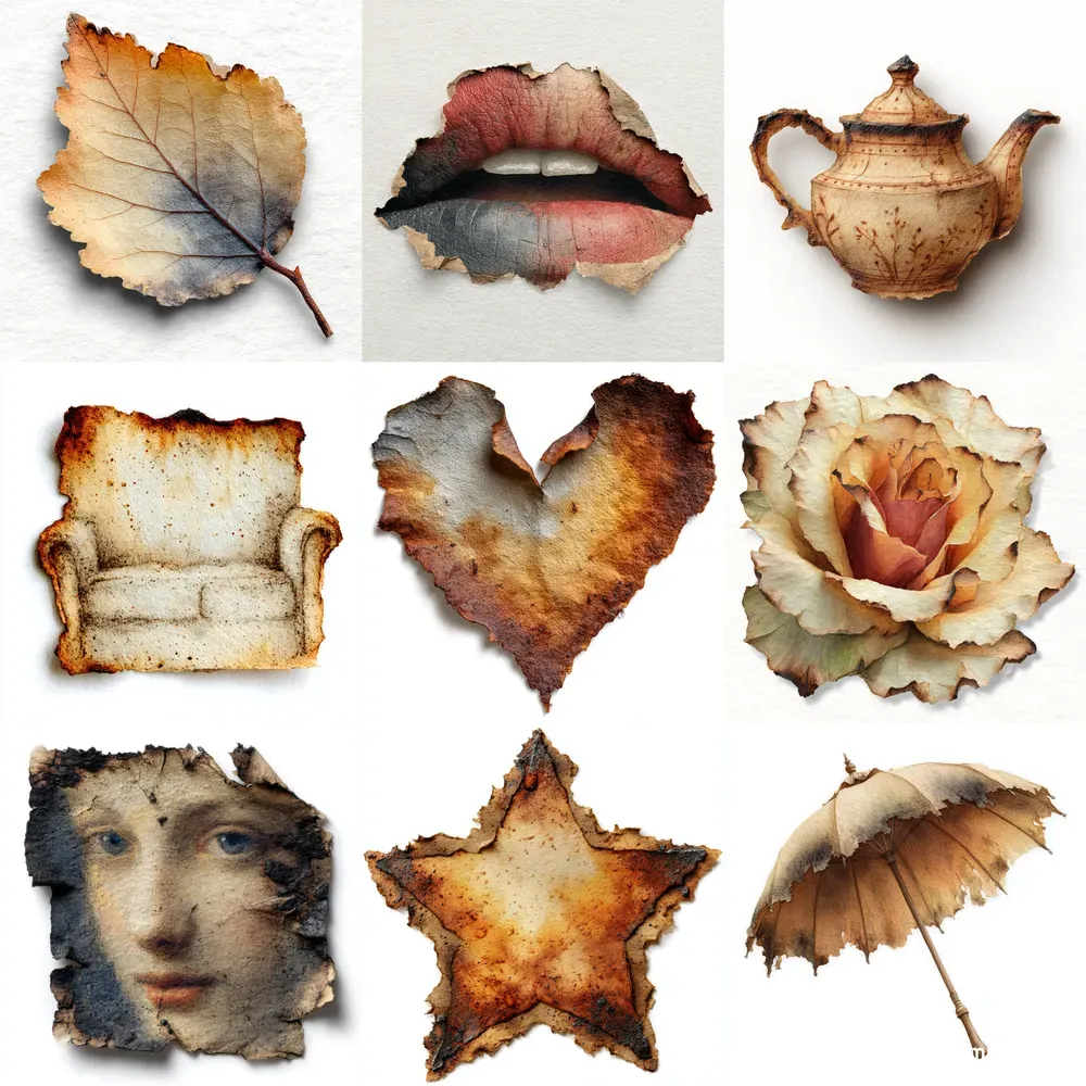 Burnt Edges Watercolor Cliparts Midjourney Prompt | PromptBase