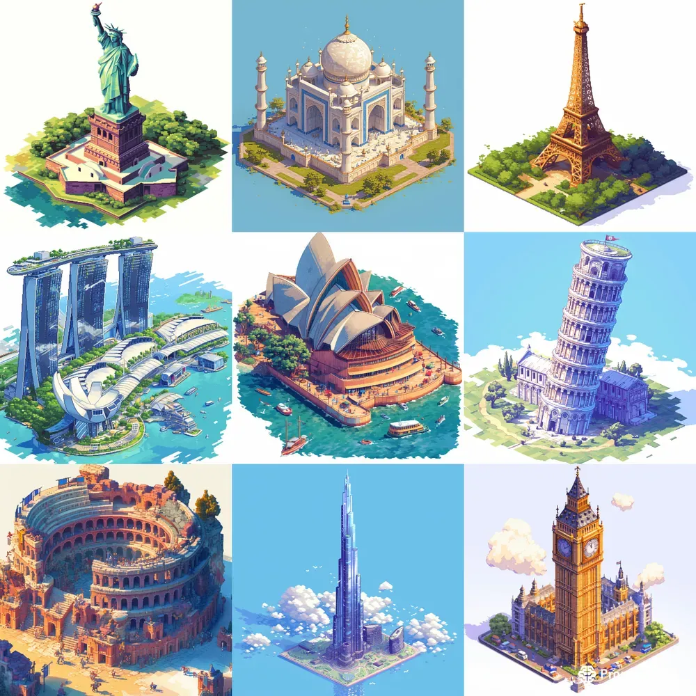 Isometric Pixel Art Landmarks Midjourney Prompt | PromptBase