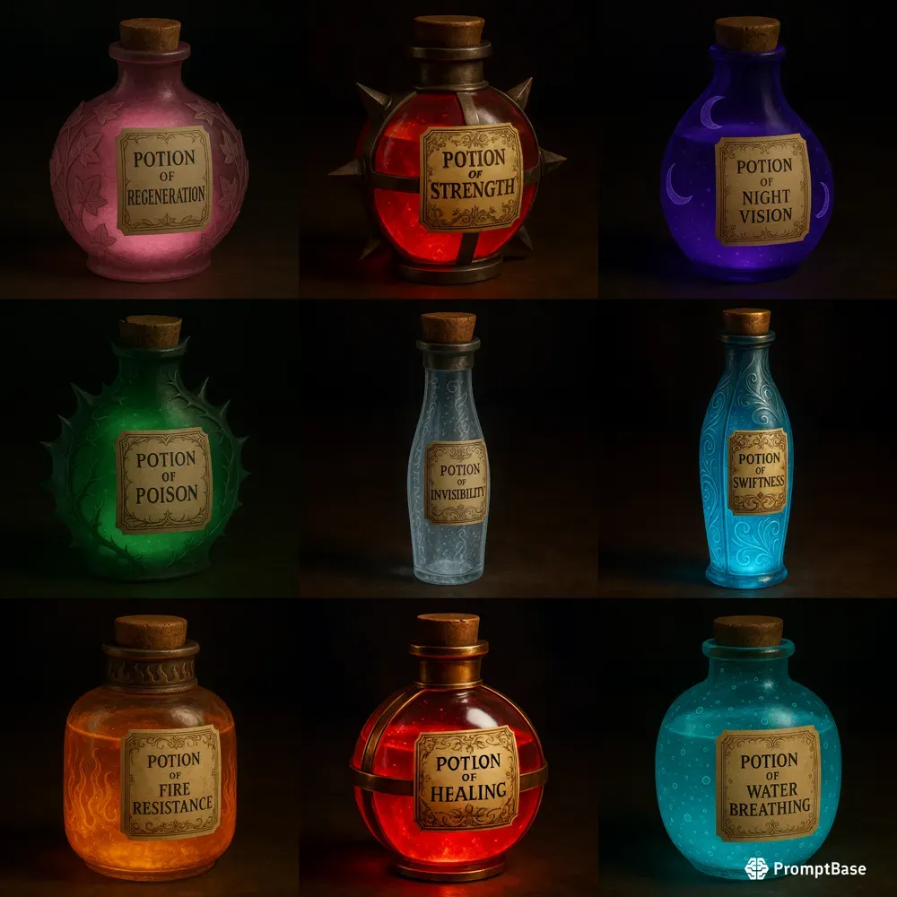 Fantasy Magical Potion Bottles ChatGPT Image Prompt | PromptBase
