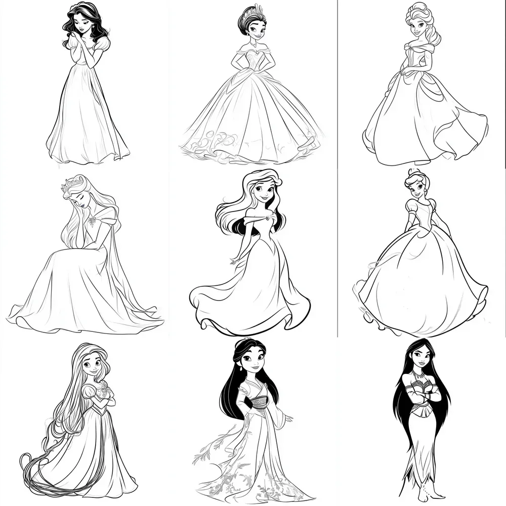 Disney Princesses Coloring Pages Midjourney Prompt | PromptBase