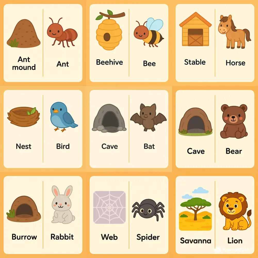 Animal Homes Flashcards For Kids ChatGPT Image Prompt | PromptBase