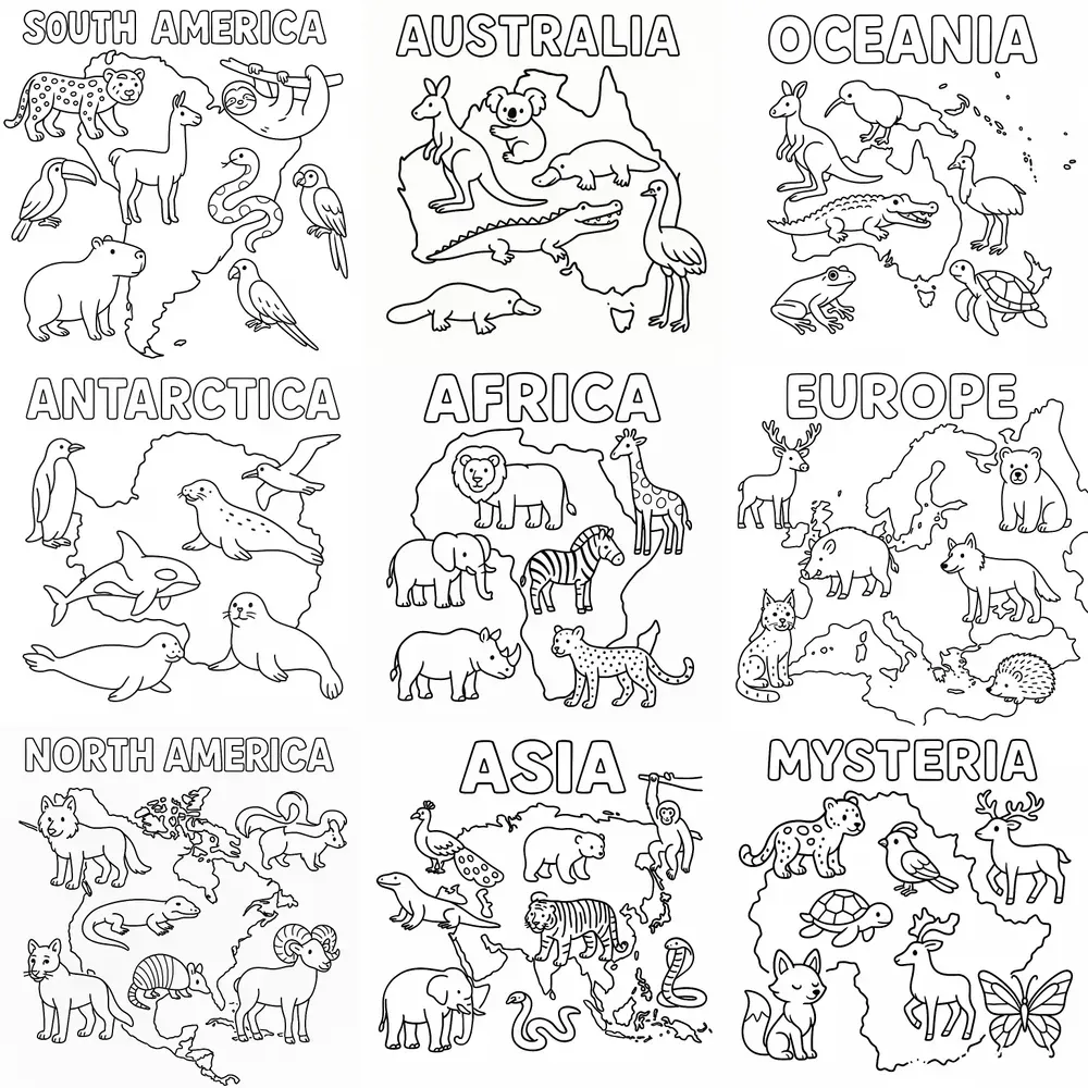 Animals Of The Continents Coloring Pages ChatGPT Image Prompt | PromptBase