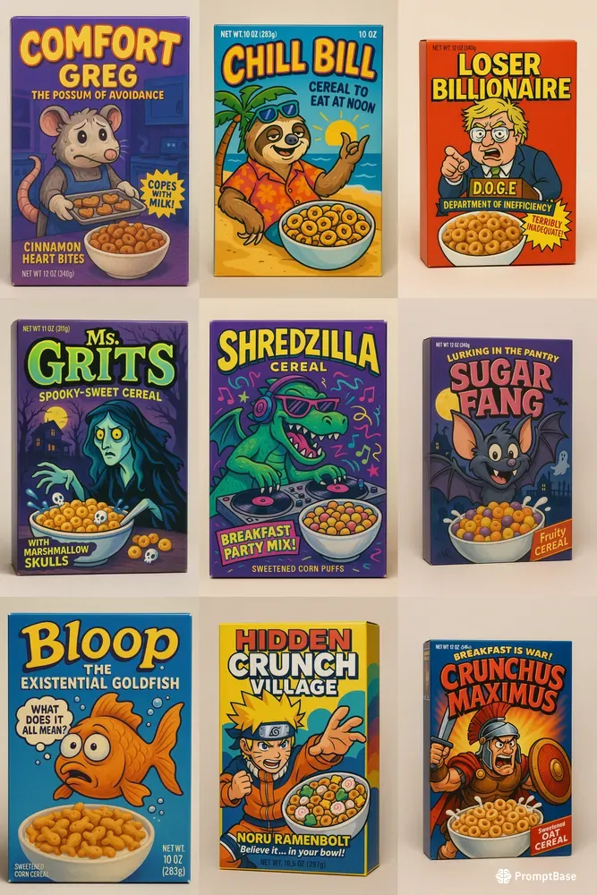 Weird Cereal Mascots ChatGPT Image Prompt | PromptBase