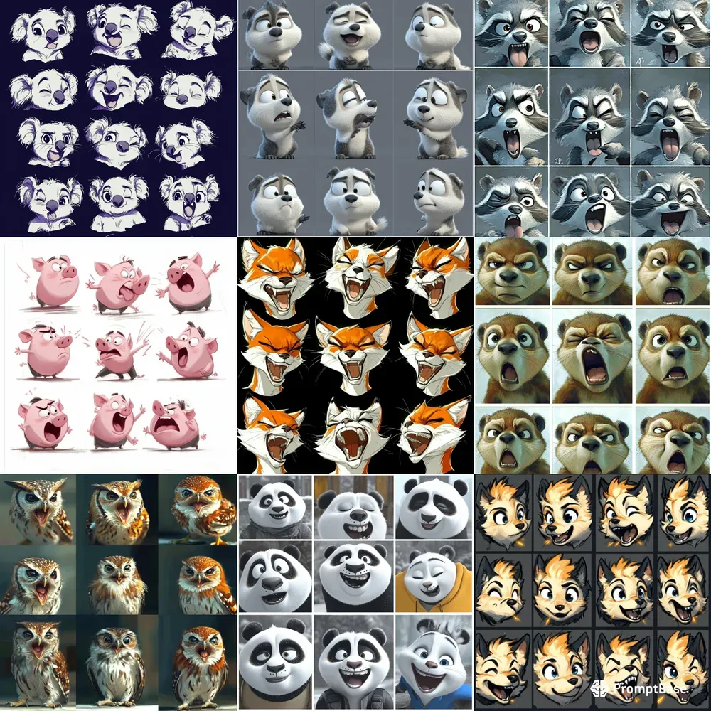 Animal Expressions Grids Midjourney Prompt | PromptBase