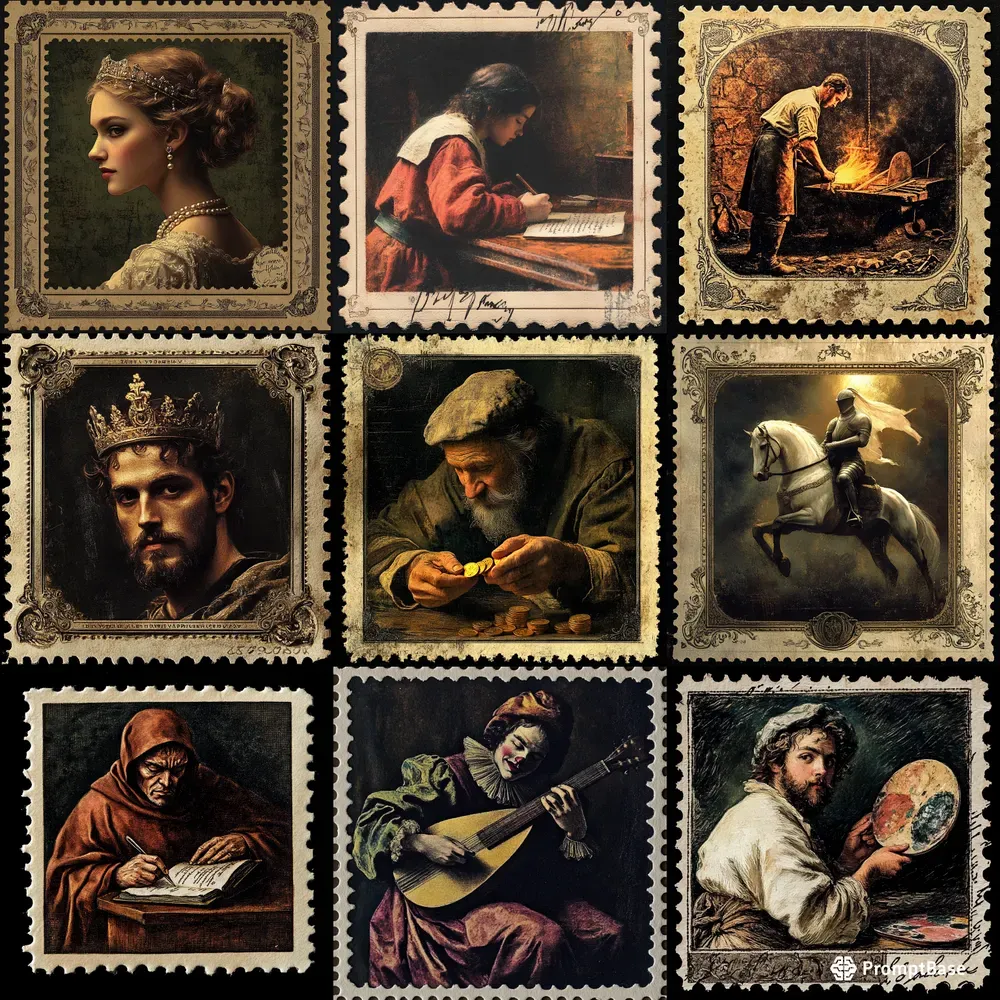 Renaissance Inspired Postage Stamps Midjourney Prompt | PromptBase