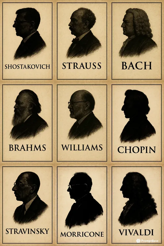 Vintage Composer Silhouette Posters Gen ChatGPT Image Prompt | PromptBase