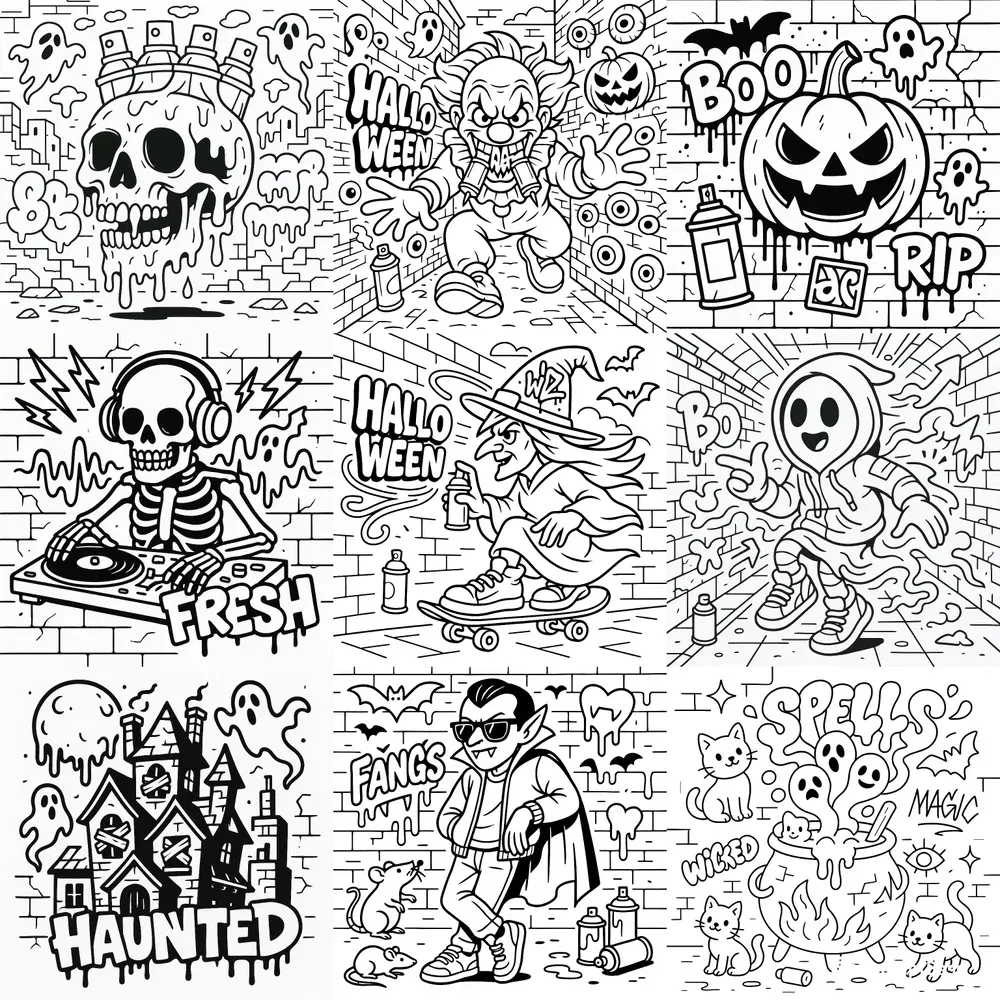 Urban Graffiti Halloween Coloring Pages ChatGPT Image Prompt | PromptBase
