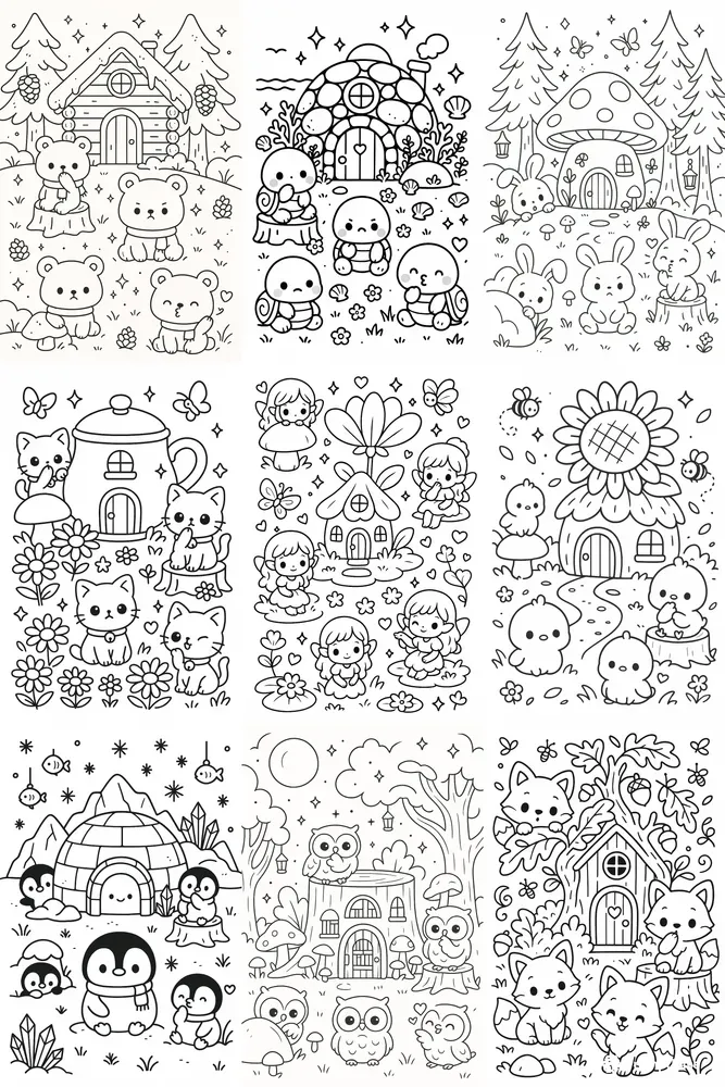 Tiny Homes Cozy Friends Coloring Pages ChatGPT Image Prompt | PromptBase