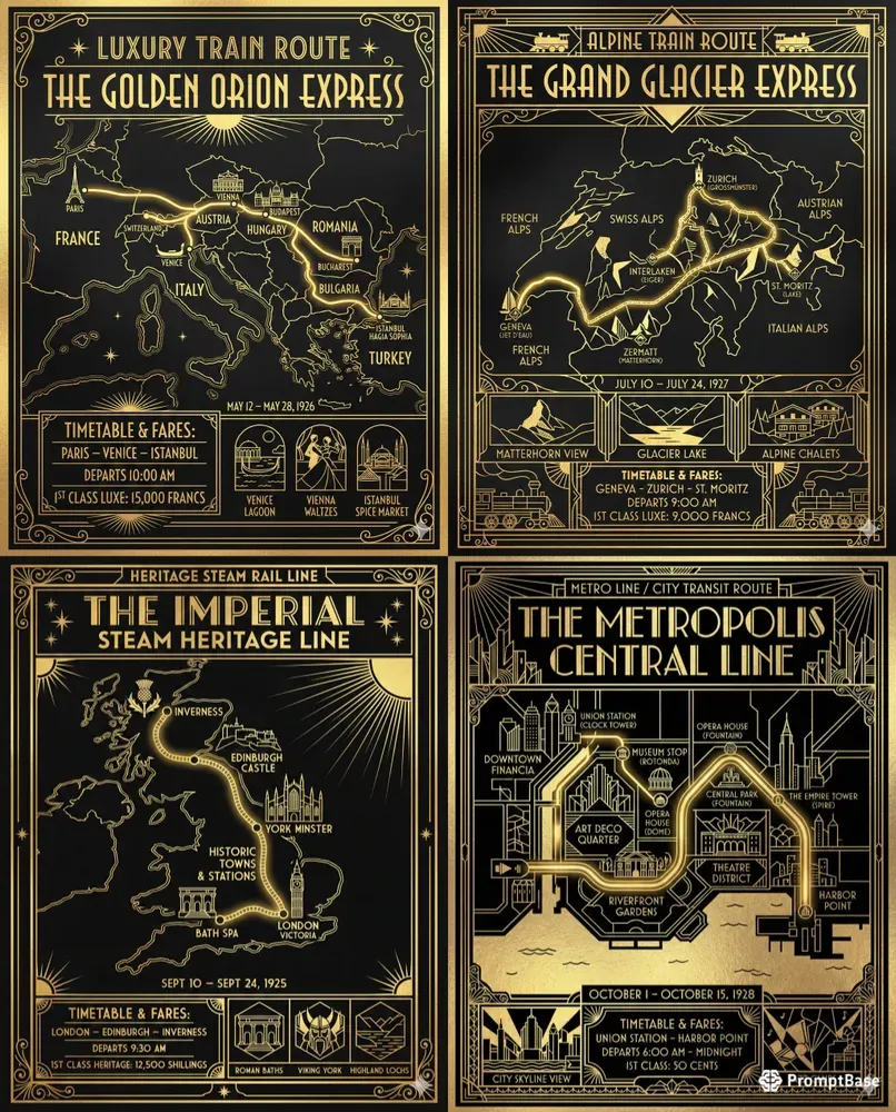 Golden Railway Travel Maps Gemini Image Prompt | PromptBase